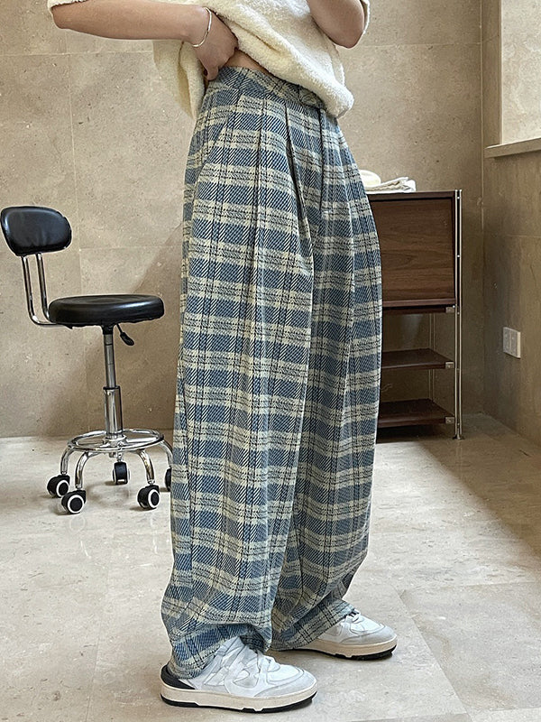 Vintage Wide Leg High-Waisted Pleated Plaid Pants – Freeacy